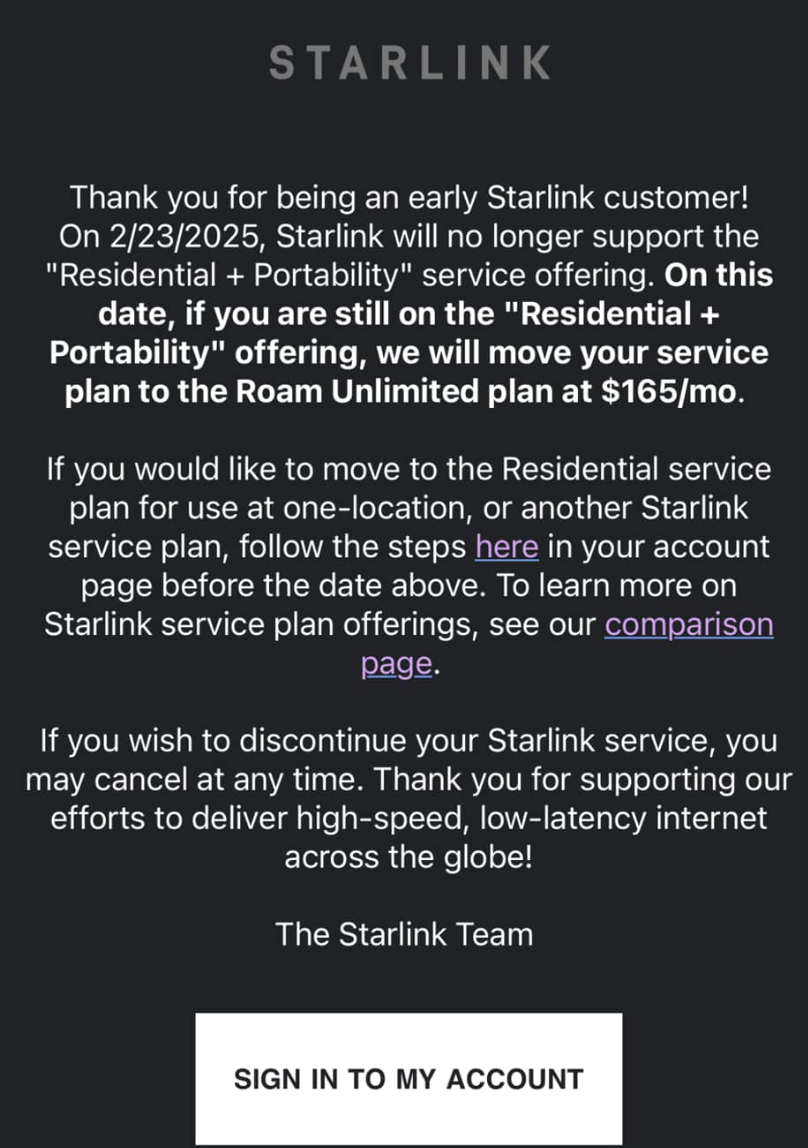 Starlink Alerts Customers that Grandfathered Residential +Portability ...